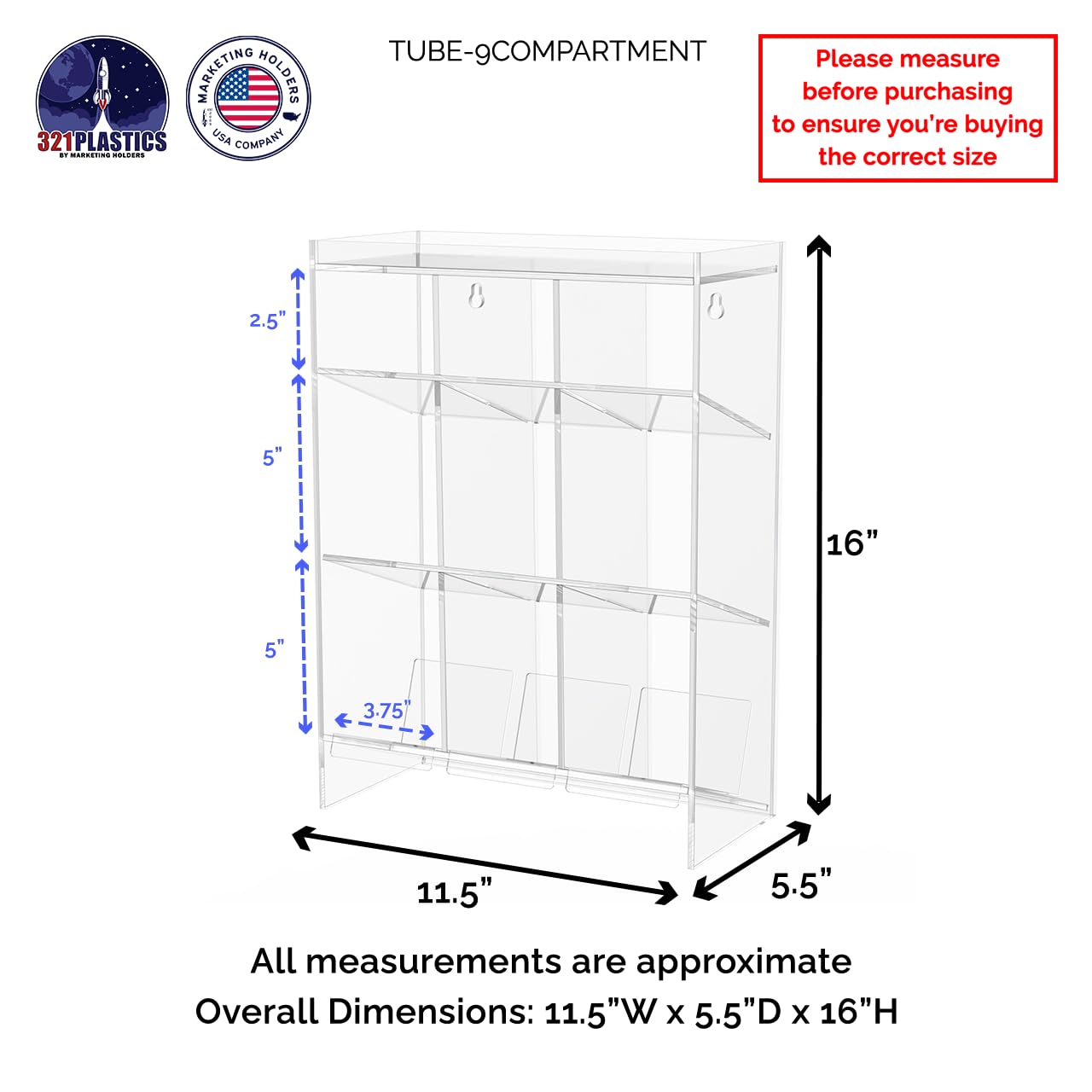 Tube Rack Clear Acrylic 9 Compartment 11.5" x 5.5" x 16" Wall Mount with Hanging Hardware or Countertop Phlebotomists Scientists Nurses Physicians Emergency Technicians by Marketing Holders