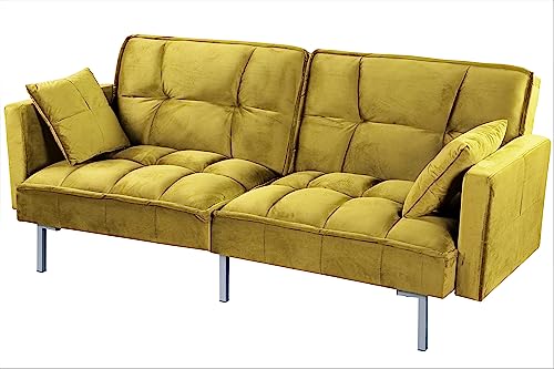 Container Furniture Direct Regal Convertible Sleeper Sofa Bed, Velvet Pull Out Couch with Mid-Century Style, Tufted Design and Metal Legs, Ideal for for Guests and Sleepovers, Greenish Yellow