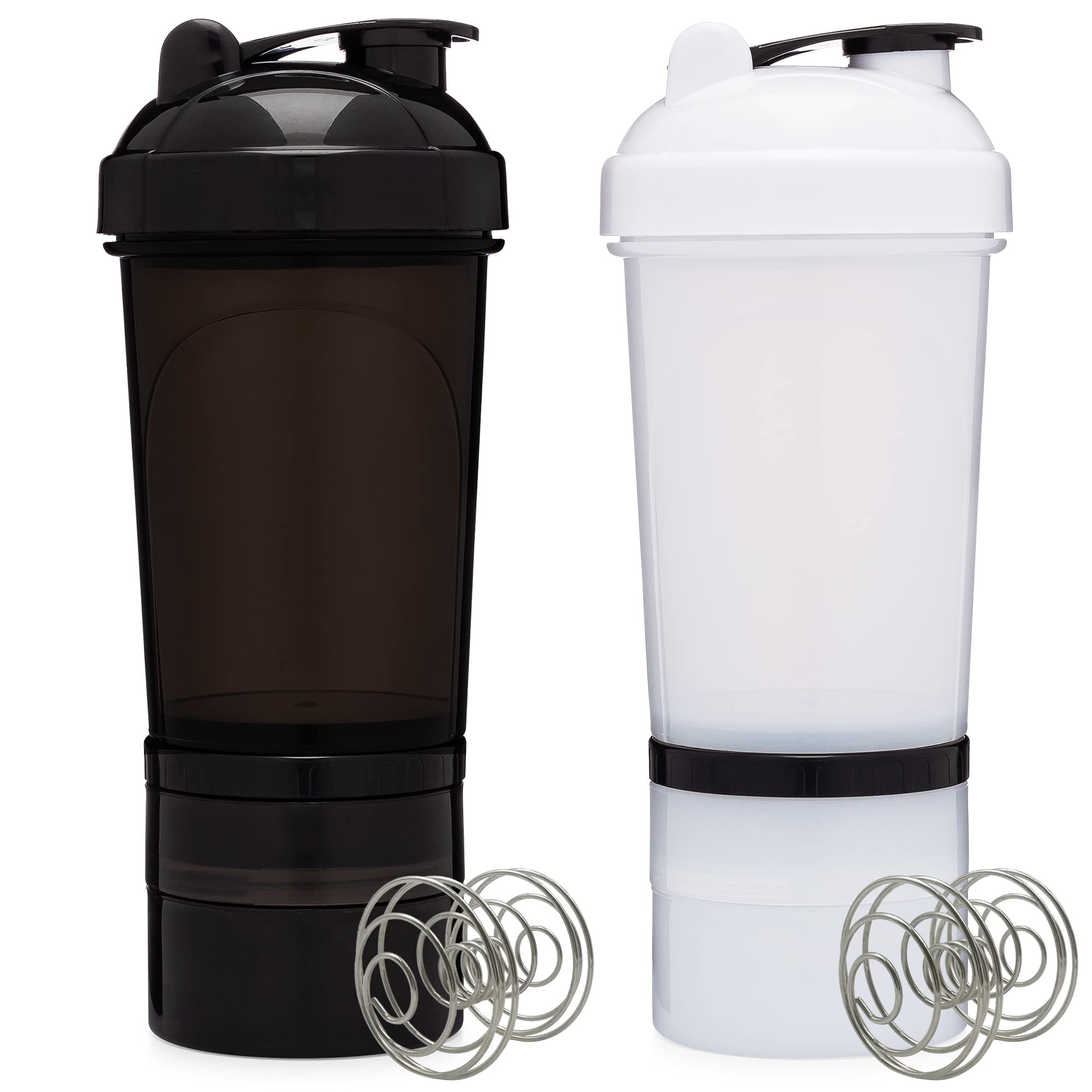 GOMOYO [2 Pack] 20-oz Shaker Bottle with Attachable Storage Compartments (White & Black - 2 Pack) | 20 Ounce Protein Shaker Cup with Mixing Agitator