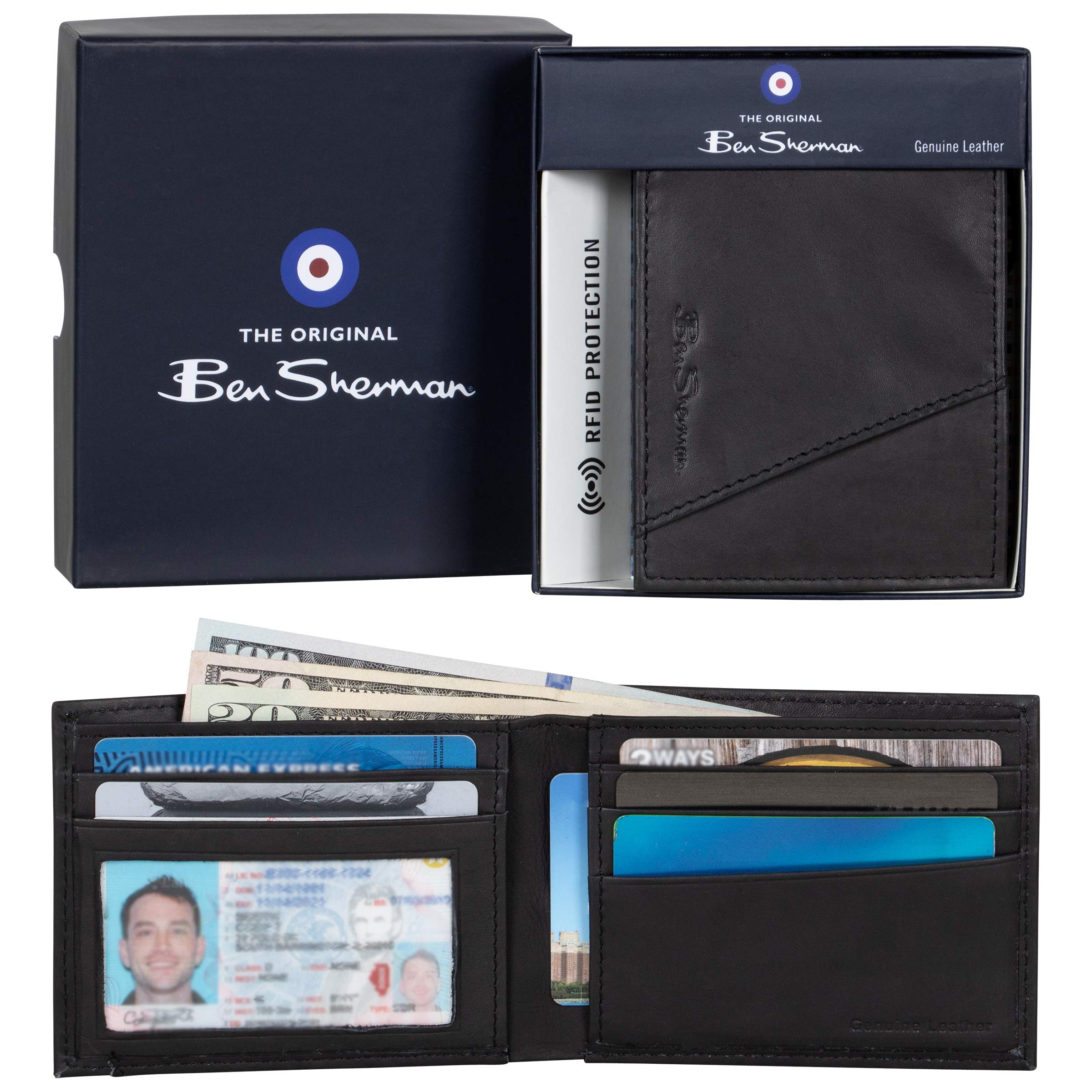 Ben Sherman Men's Manchester Bifold Slim Wallet Full-Grain Leather RFID Minimalist Gift Box, Marble Black Wa, One Size