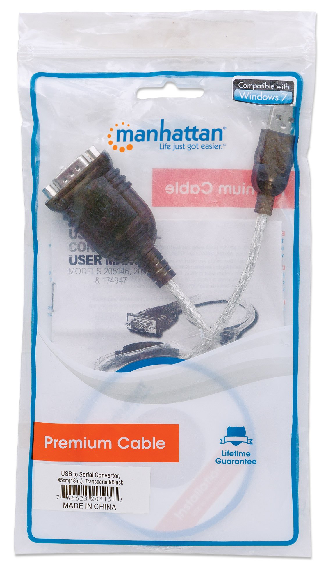 Manhattan USB to RS232 Serial Adapter Converter – Long 18 Inch Cable Cord, 24 AWG - Connects Serial Device to a USB Port, FTDI Chipset, Compatible with Window, Linux, Mac – 3 Year Mfg Warranty–205153