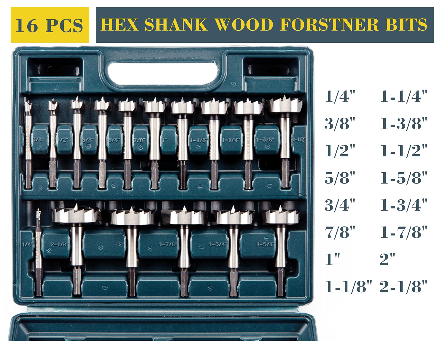INTOO Hex Shank Forstner Bit Set 16 pcs Multi Sided Shank Wood Drill bit Set