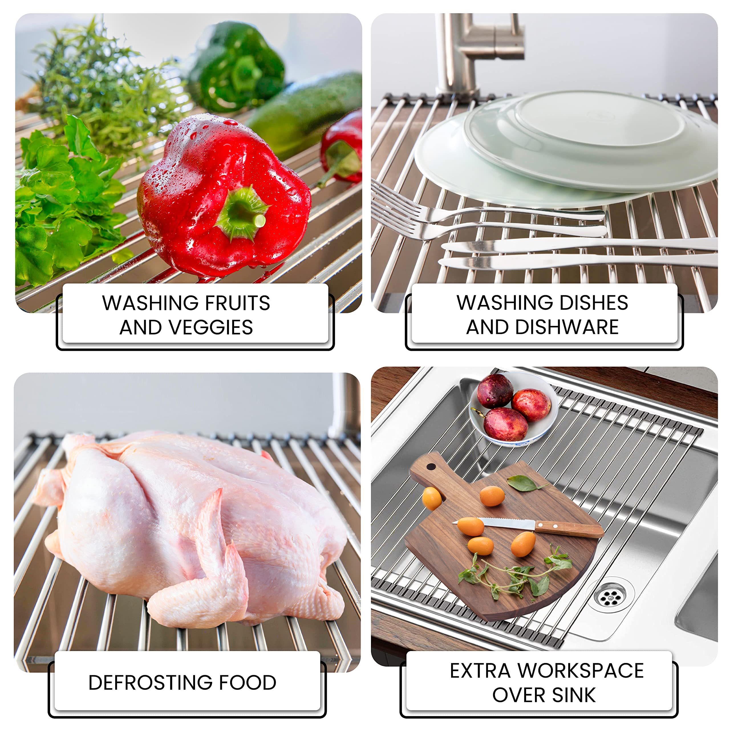 Breathe Essential | 17.5" x 13.8" Roll Up Dish Drying Rack - Over The Sink Caddy for Kitchen Counter, Folding Dish Mat, Foldable Stainless Steel Trivet Accessories