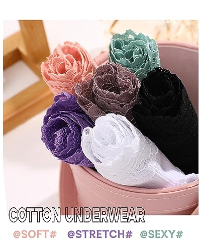 FINETOO Womens Cotton Underwear Sexy Lace Hipster Panties Soft Breathable Cotton Brazilian Bikini Ladies 6 Pack(6BM)