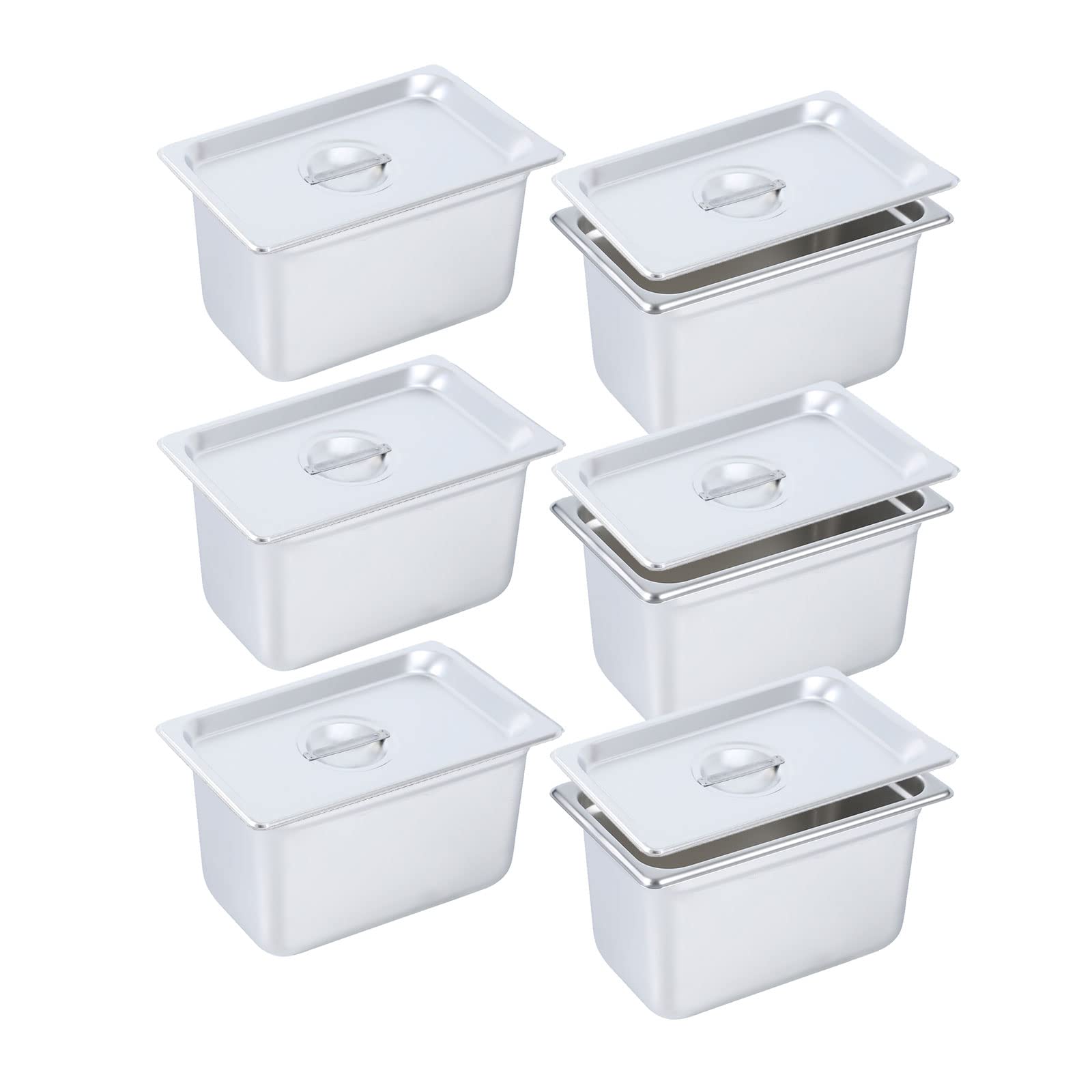 BIEAMA 6-Pack Hotel Pans with Lid, 1/4 Size 6" Deep, NSF, Catering Food Pan, Commercial Stainless Steel Pan with Cover