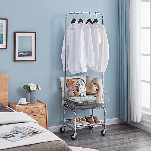 Yaheetech Rolling Laundry Bakset with Wheels, Laundry Cart with Hanging Rack, Metal Laundry Hamper Basket Butler Cart with Wheels and Wire Storage Rack, Silver