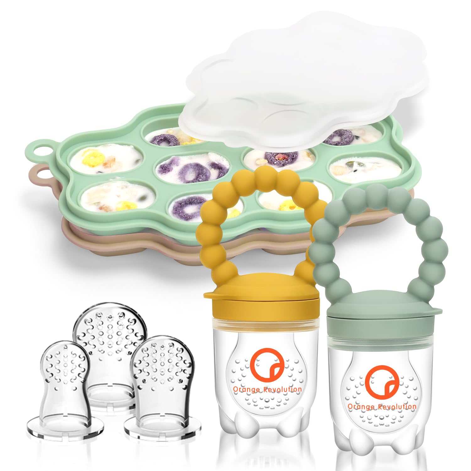 Baby Breastmilk Popsicle Molds with Fruit Food Feeder Set,Silicone Breastmilk Freezer Trays for Teething,Food Storage and Self Feeding,Include 6 Feeder Pacifier,BPA-Free