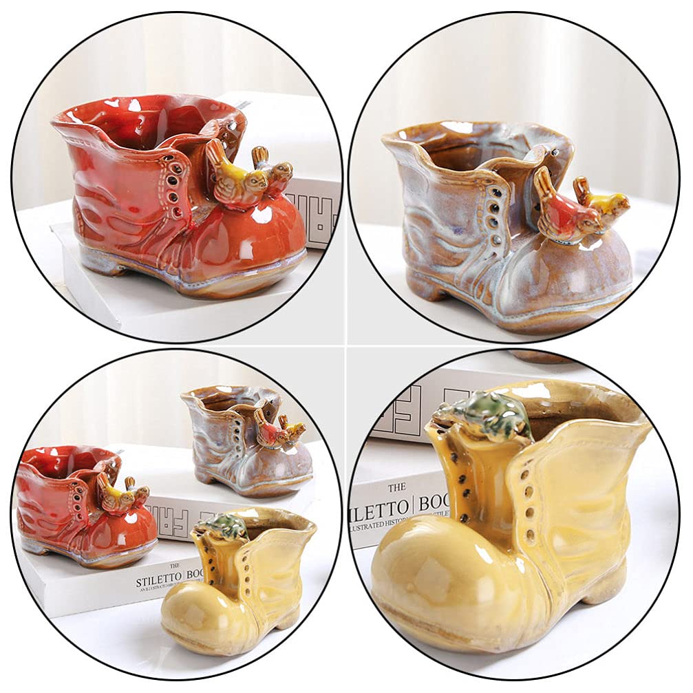 Ceramic Boot Planter Plant Pot Vase Planter with Bird Figurines Bonsai Pot Flower Pot Succulent Planter Multi Pot(Color Random)
