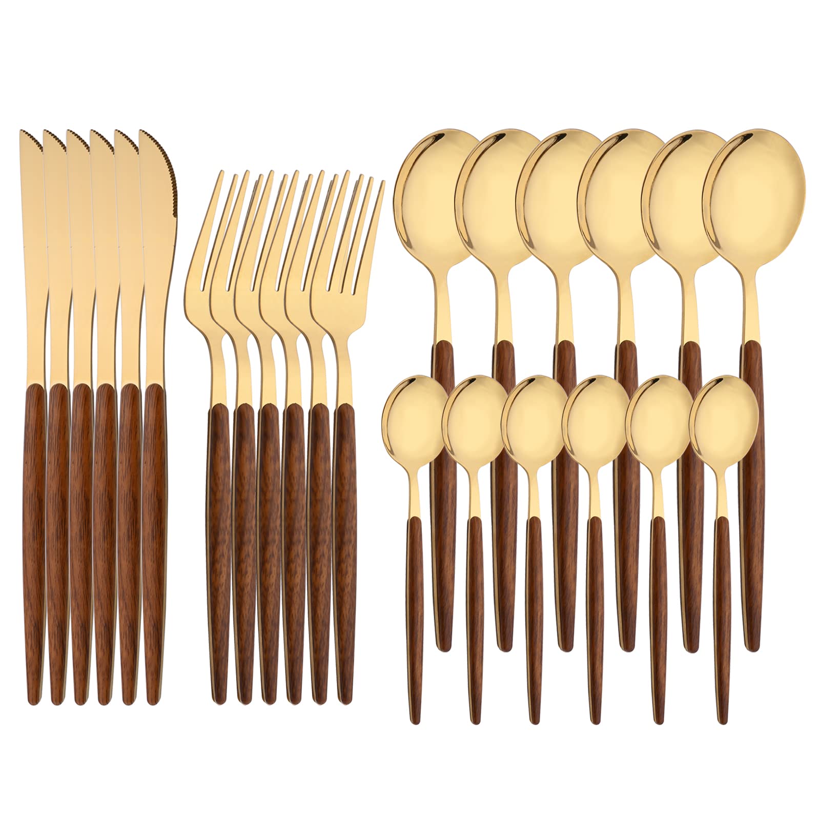 Uniturcky 24-Piece Silverware Set for 6, Silver Mirror Polished Stainless Steel Flatware Set, Wooden Effect Handle Utensil Set for Home Hotel Restaurant, Family Cutlery Set Include Knife Fork Spoon