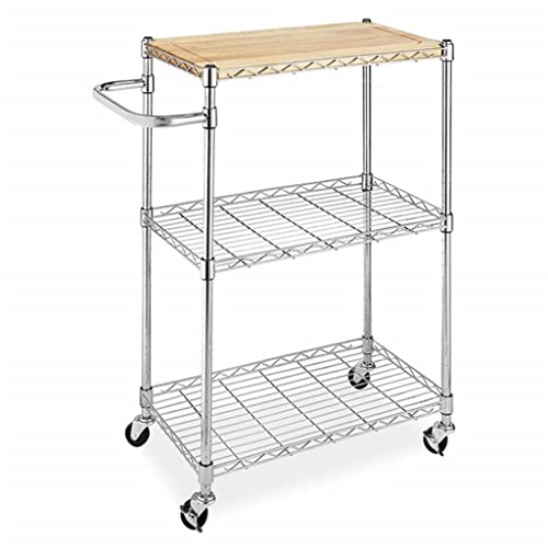 CXDTBH 3 Tier Kitchen & Microwave Trolley 60x35x85CM Storage Rack Wood & Chrome Utility Storage Trolley