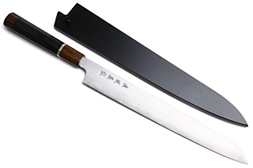 Yoshihiro TM-Hayate ZDP-189 Super High Carbon Stainless Steel Sujihiki Kiritsuke Knife Octagonal Ebony Wood Handle with Sterling Silver Ring (9.5" (240mm))