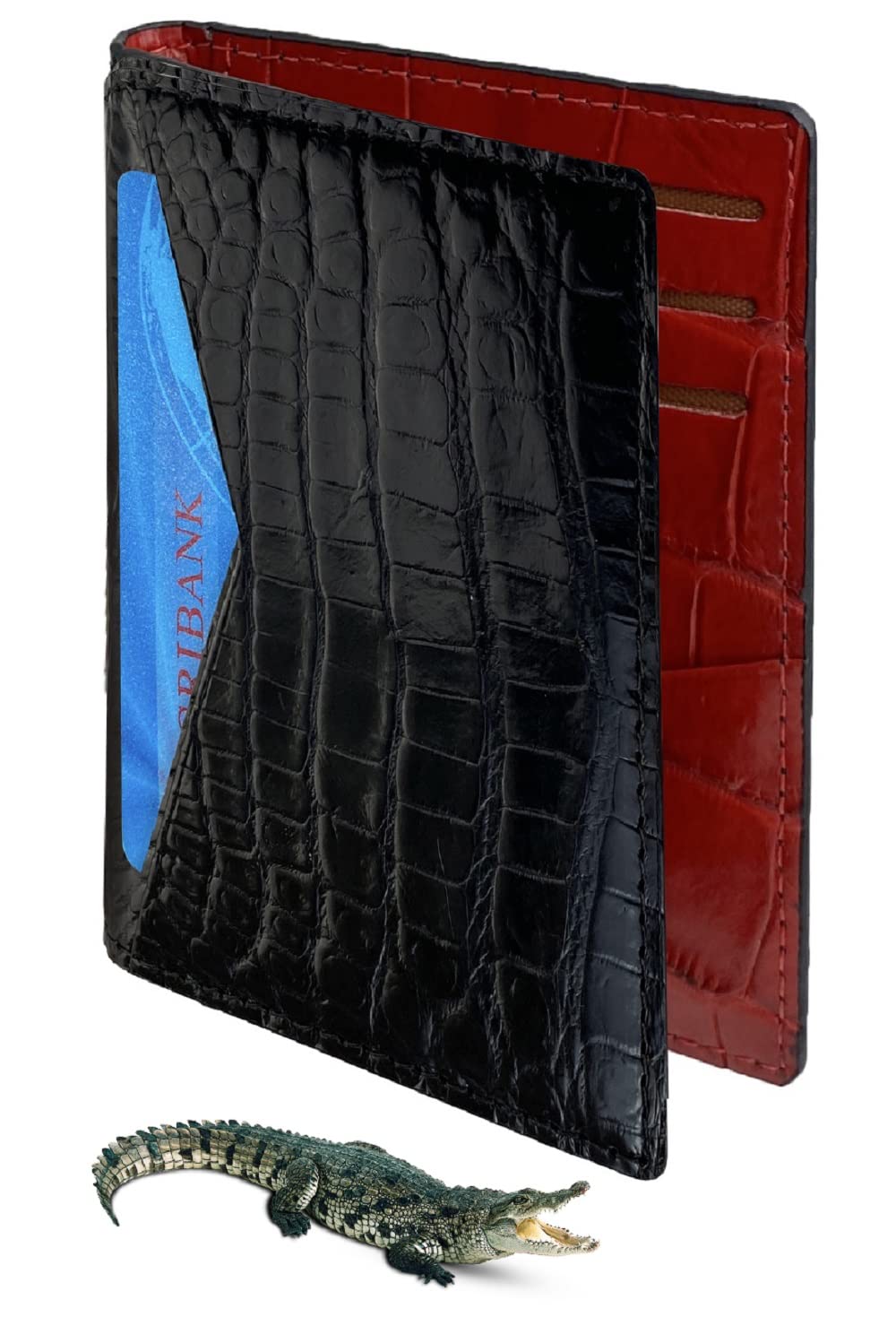 Black Red Slim Alligator Leather Card Holder Business RFID Blocking Men Two Tone Minimalist Crocodile Bespoke Wallet Double Side Handmade CARD-12