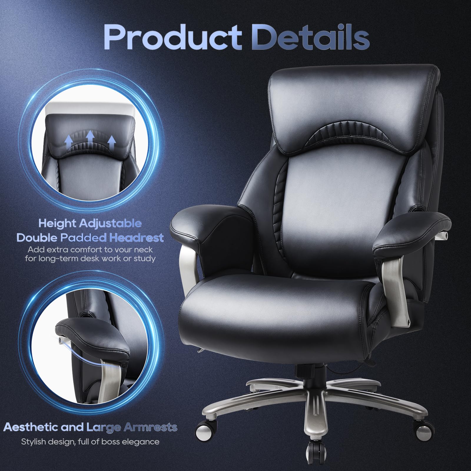 Big and Tall Office Chair 500lbs-Heavy Duty Executive Computer Desk Chair, Ergonomic Chair with Adjustable Lumbar Support and Headrest-Black