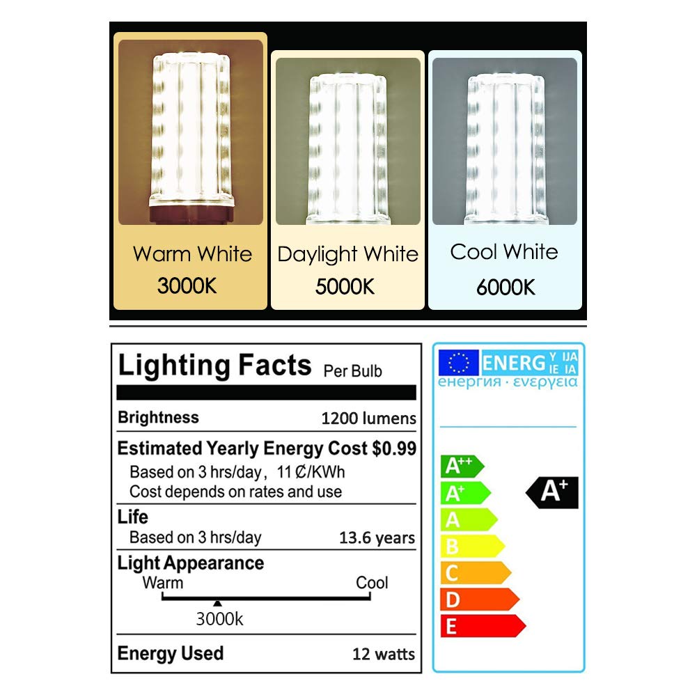 E12 LED Bulbs,12W LED Corn Light Bulb, E12 LED Bulb 100W Equivalent 1200 Lumen 3000K Warm White, Non-Dimmable LED Candelabra Light Bulbs, E12 Candelabra Base Chandelier Light Bulbs, Pack of 3