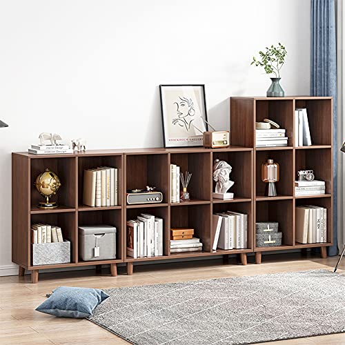 IOTXY Freestanding Open Cubes Bookcase - 2-Tier Floor Standing Wooden Storage Display Cabinet Organizer with Legs for Home Office, 6-Cubes Open Shelf Low Short Bookshelf, Walnut