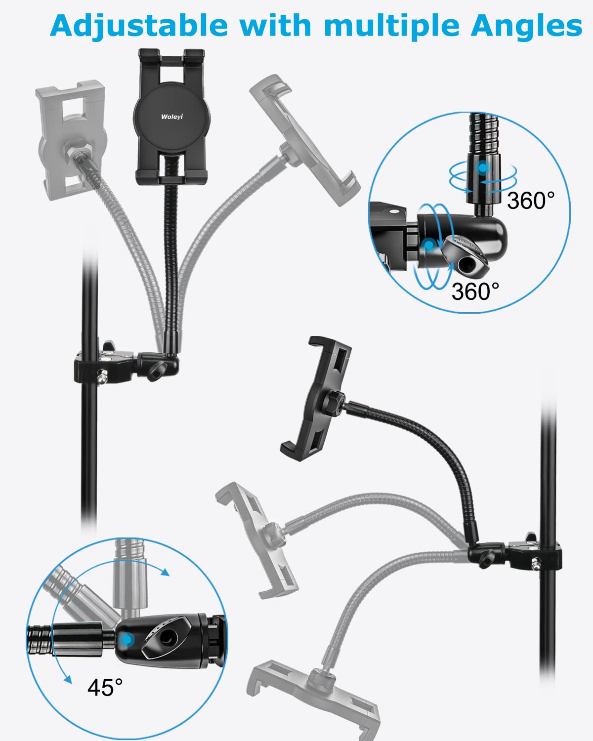 Gooseneck Tablet Mic Stand, woleyi Phone iPad Holder for Microphone Stand [Metal Arm Clamp] 360° Swivel Tablets Music Mount, Compatible with iPad Pro 12.9 Air Mini, iPhone, Galaxy Tabs, 4-13" Devices