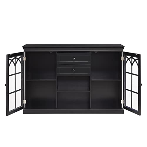 GOOD & GRACIOUS Sideboard Buffet Cabinet with Drawers and Glass Fretwork Doors, Storage Display Cabinet with Premium Painted Finish for Dining Room, Living Room, Kitchen, Entry, Black