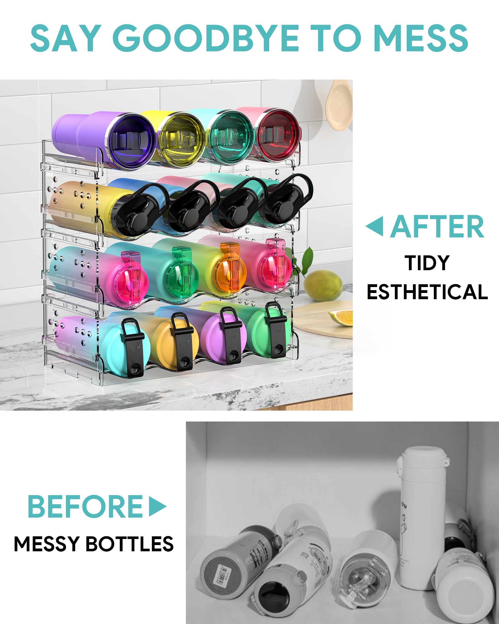 Areforic 4 Tier Water Bottle Organizer - 16 Bottle Stackable Holder for Tumblers, Cups, Wine Bottles - Free-Standing Kitchen Organization Shelf Rack for Cabinet, Countertop, Pantry, Clear Plastic