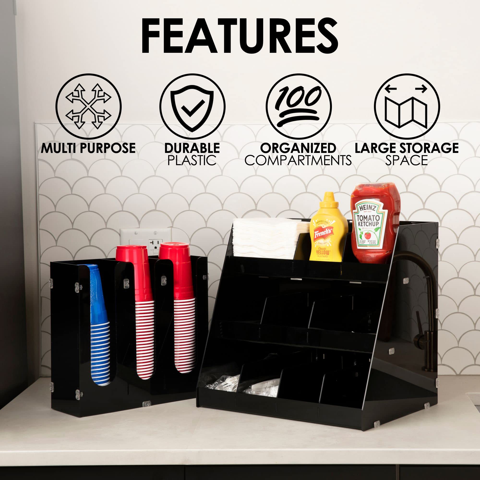 Condiment Organizer - Coffee Condiment Organizer, Caddy for K-Pods, Snack, Tea Bags, Disposable Cups, Coffee Bar Bin Box, Coffee Pods Holder, Farmhouse Decor
