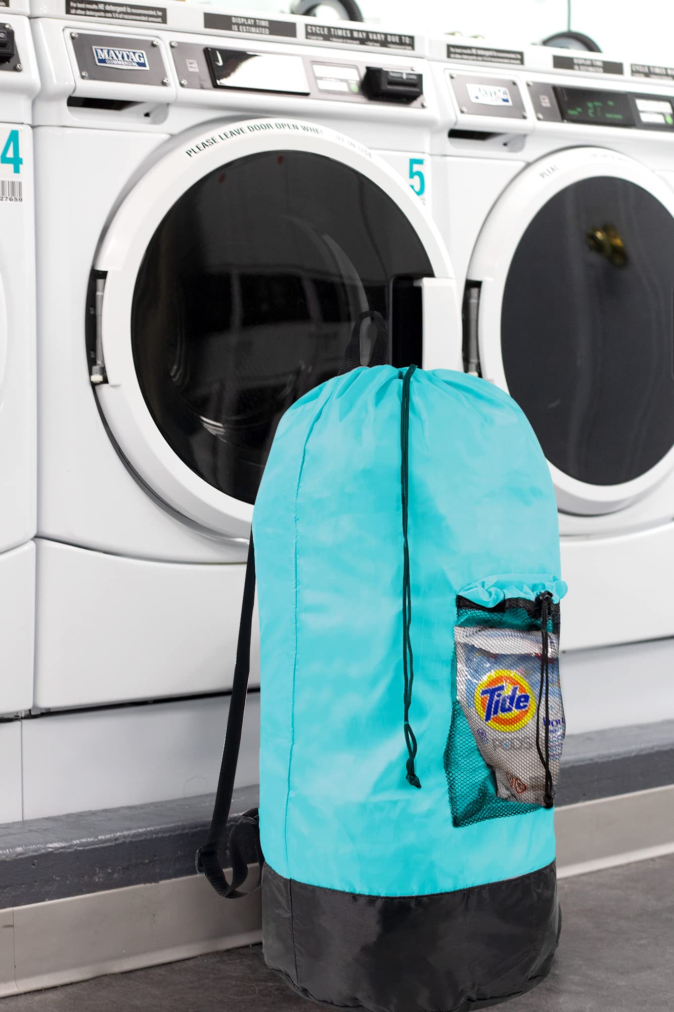 Laundry Bag Backpack with Shoulder Straps and Mesh Pocket Laundry Backpack Large Portable Laundry Hamper for College Laundromat Apartment with Drawstring Closure, Adjustable Back Straps (Turquoise)