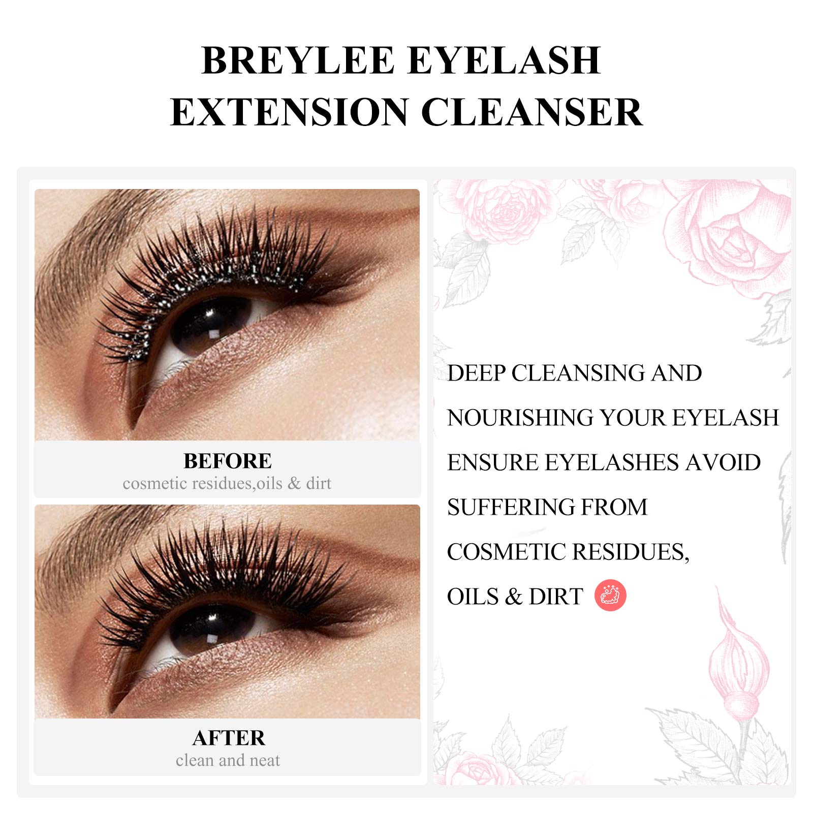 BREYLEE Shampoo for Lash Extensions, 60ml+Rinse Bottle+Brushes, Eyelash Extension Cleanser, Lash Wash Bath, Lash Cleaner, Paraben & Sulfate Free for Salon and Home Use