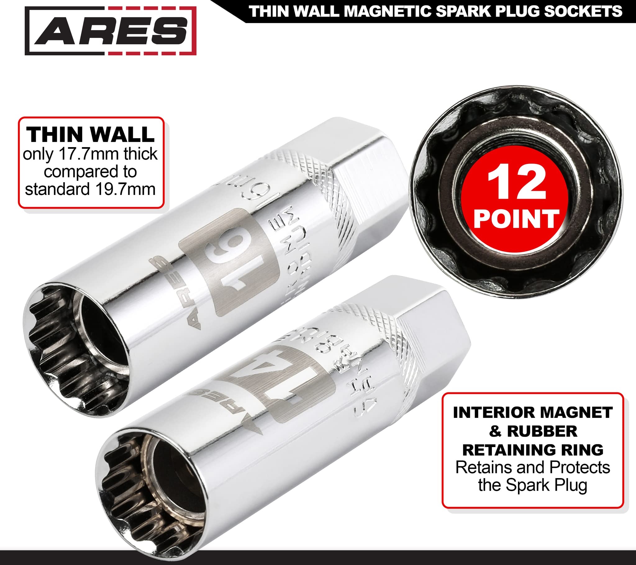 ARES 11016-5-Piece Magnetic Spark Plug Socket Set - Includes 14mm and 16mm Thin Wall Sockets and 9/16-inch, 5/8-inch, and 13/16-inch Sockets - Convenient Reusable Storage Rail Included