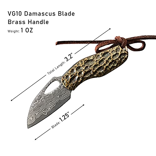 Cool Hand 2'' EDC Flip Joint Folding Knife, Small Pocket Knives w/ 1.25'' VG10 Damascus Steel Blade, Brass Handle w/Leather Lanyard,Tin Box Packaging