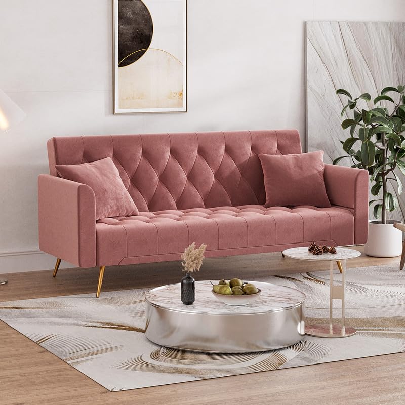 DAMAIFROM 71" Velvet Couch, Futon Sofa Bed, Sleeper Sofa with Adjustable Back, Loveseat,Mid Century Modern Couches with Folding Armrests for Living Room, Bedroom,Small Spaces (Rose Pink)