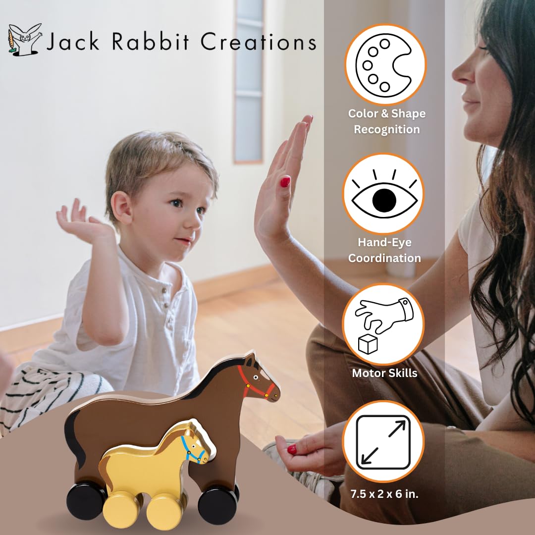 Jack Rabbit Creations Big & Little Horse Push Toy Adorable Nesting Animals Set is 2 Toys in 1 β Classic Rolling Wooden Toy β Develops Hand Eye Coordination & Motor Skills - Ages 18+ Months