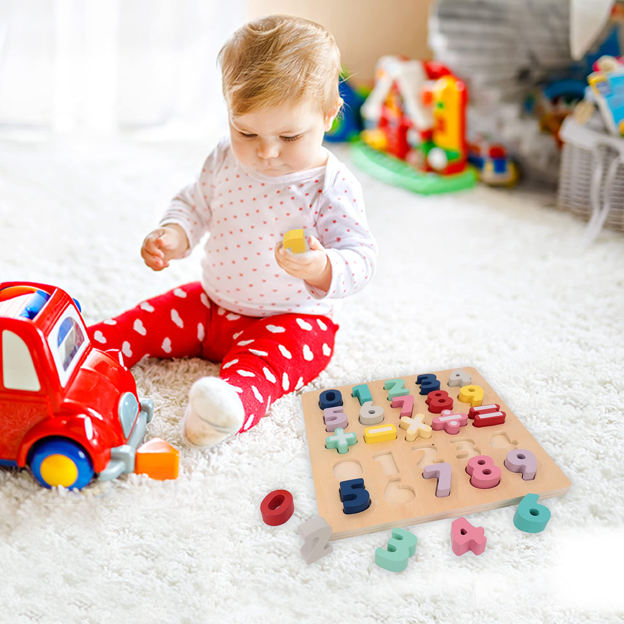 LEO & FRIENDS: Wooden Chunky Number Math Puzzle - 26pc, Colorful Play & Learn Toy, 0-9, Addition-Subtraction-Multiplication- Division, Kids Ages 3+