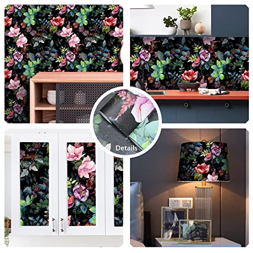 HAOKHOME 93153 Wild Spring Peel and Stick Wallpaper Bouquet Botanical Floral Black/Green/Pink Removable Stick on Home Decor 17.7in x 118in