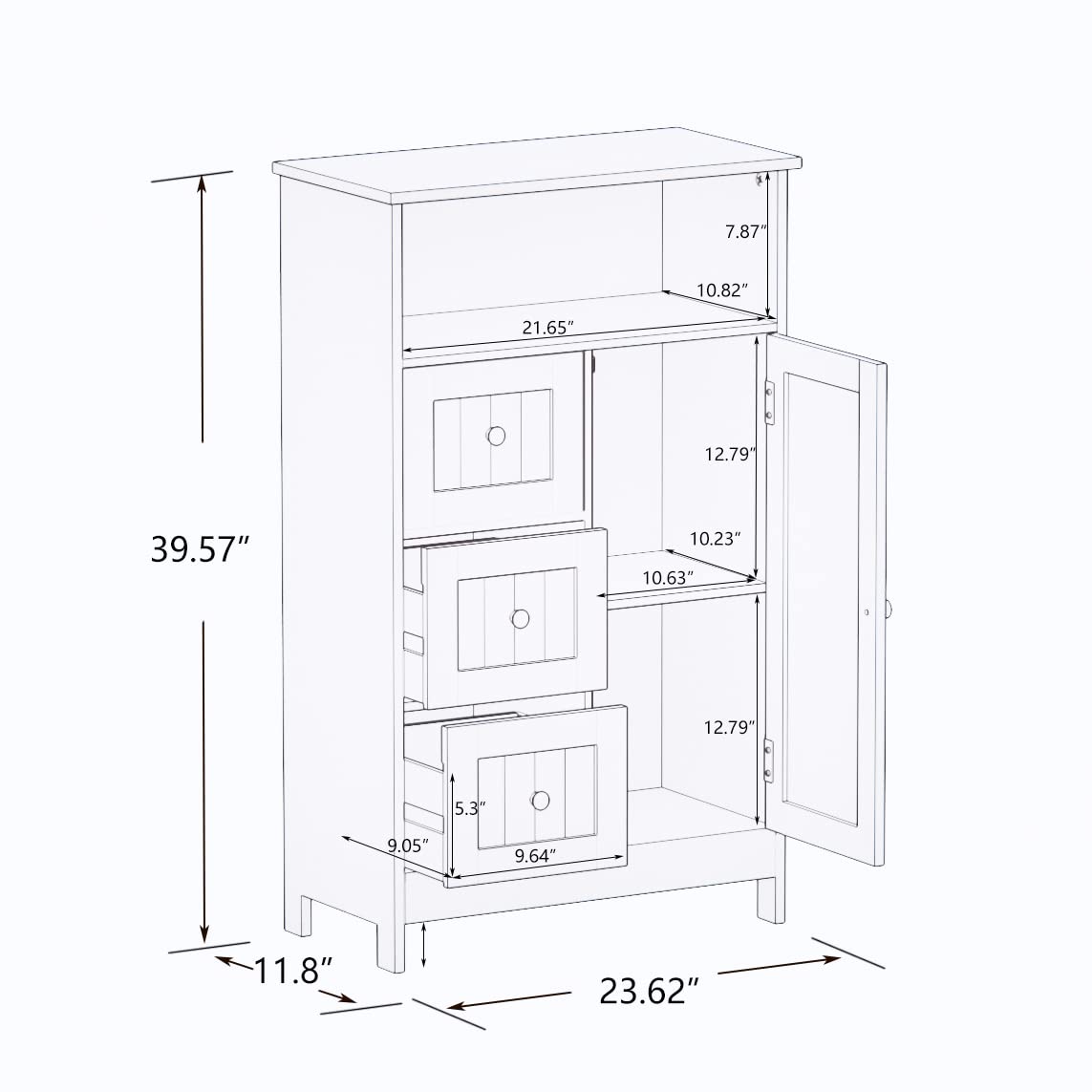Knocbel Bathroom Floor Storage Cabinet with 3 Drawers, Open Compartment and Single Door, Free Standing Bath Organizer Unit, 23.6" W x 11.8" D x 39.6" H (White)