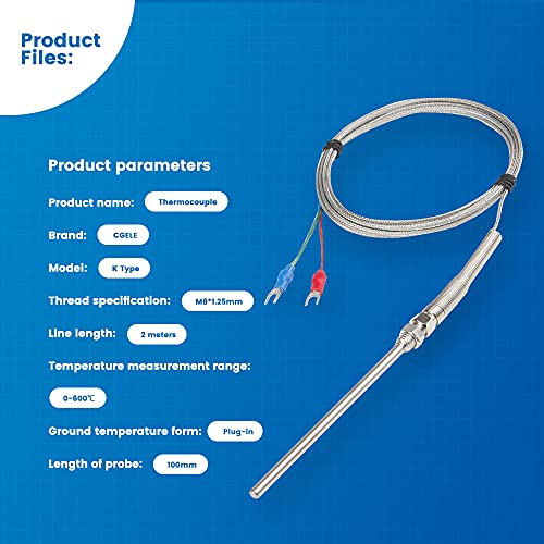 CGELE K-Type Thermocouple Temperature Sensors 0~600℃,2M/6.6Ft Wire Probe Length 100mm Two Wire 100×5mm Stainless Steel Probe Temperature Detector Temperature Gauge