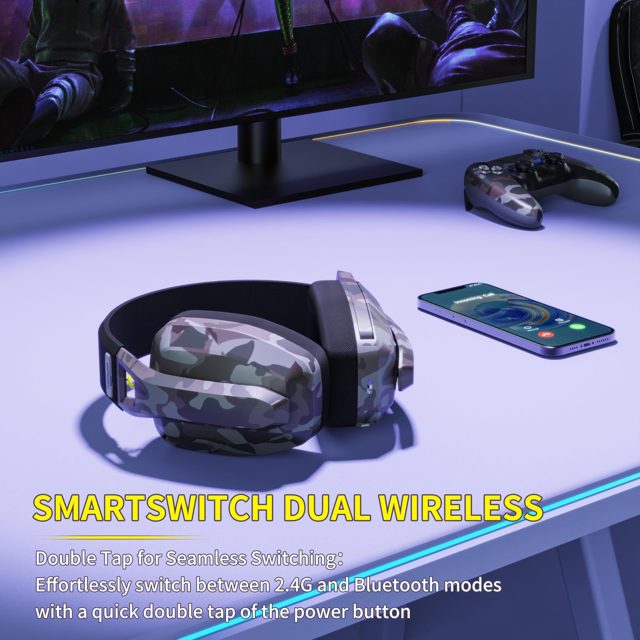 BINNUNE 2.4GHz Wireless Gaming Headset with ENC Noise Cancelling Mic for PS4, PS5, PC, Mac,Playstation 4 5, Bluetooth Gaming Headphones Gamer Headset with Flip Microphone for Laptop Computer