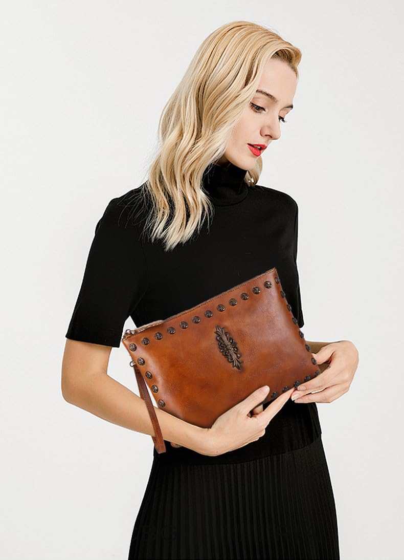 LETEULO Womens Crossbody Bag Leather Handmade Shoulder Bag Clutch Wristlet Handbags Purse (Brown L)