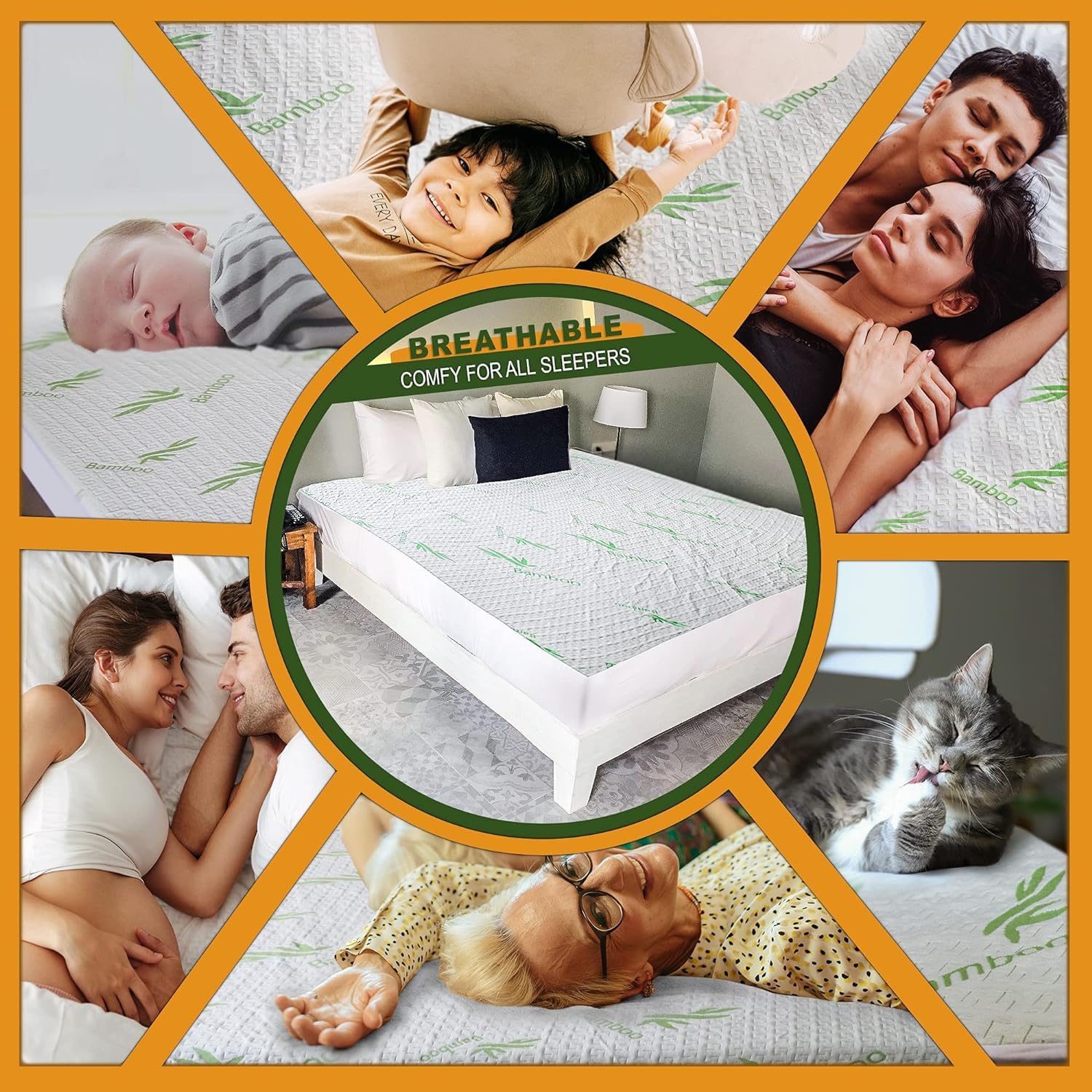Dream Linens Bamboo Mattress Pad with Fitted Skirts, Double Knit Jacquard Mattress Topper, Breathable Soft Quilted Mattress Cover (Queen)