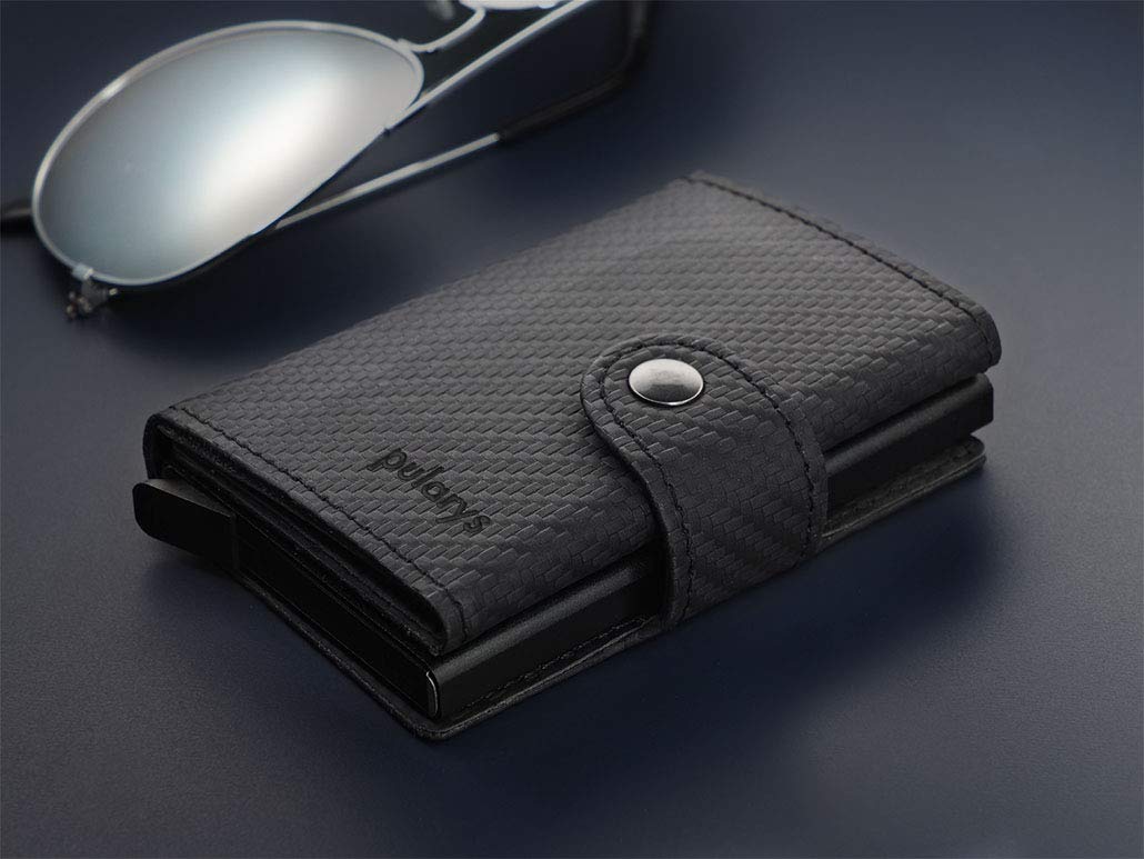 PULARYS Mini Wallet CARBON - Card Case Made of Carbon Eco-Leather - RFID blocking - Size: 7.5 x 9.5 x 2.5 cm - Space for up to 9 Cards - One Note Compartment Secured with Snap Closure