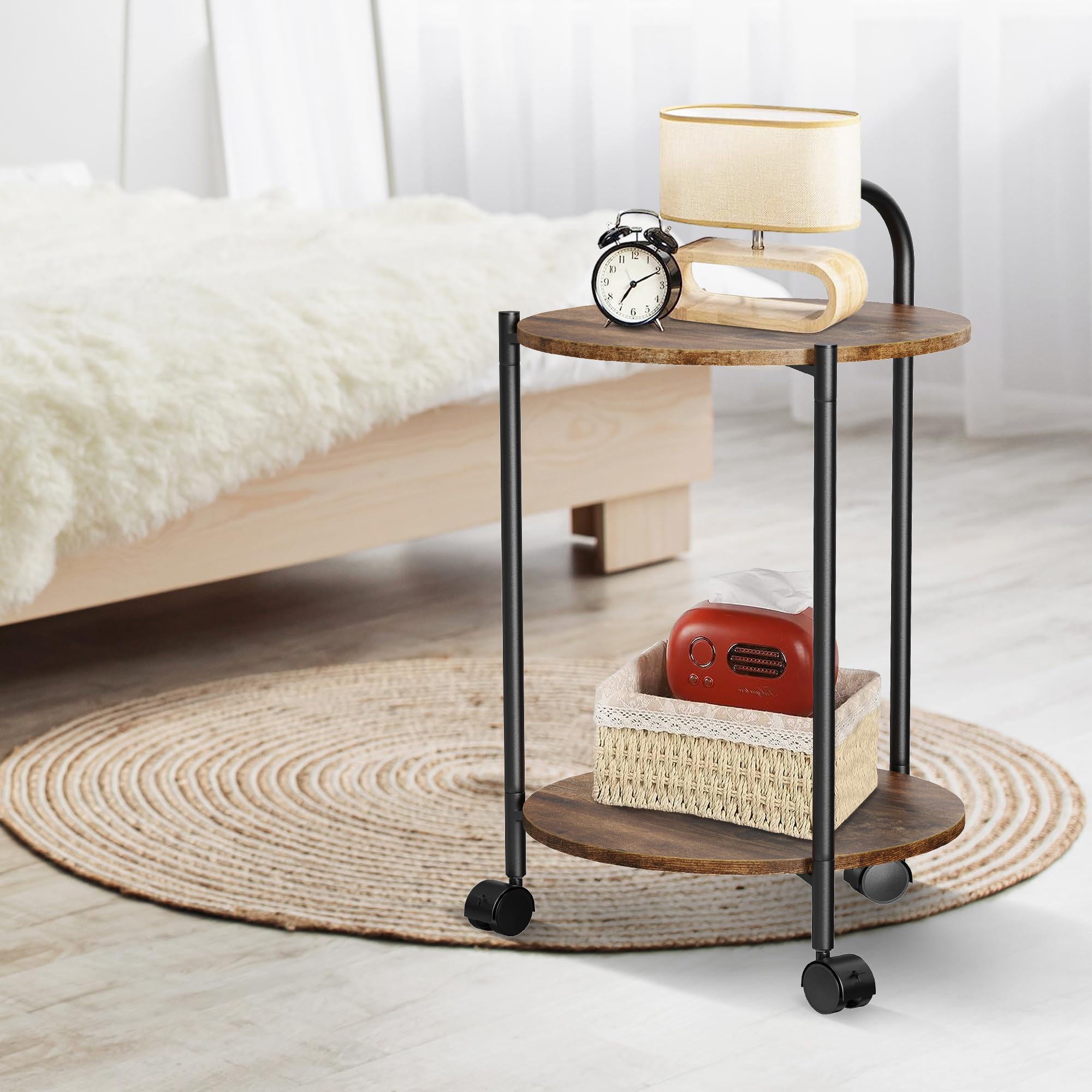 Bavelye 2-Tier Round Side Table, Modern Wooden Small Sofa Coffee End Tables Indoor Outdoor with Lockable Wheels Portable Bedside Table for Living Room, Kitchen,Dark Brown.