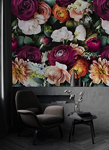 HAOKHOME 93277 Peel and Stick Floral Wallpaper Rose Daisy Removable Black/Pink/Purple Stick on Wild Mural 17.7in x 9.8ft
