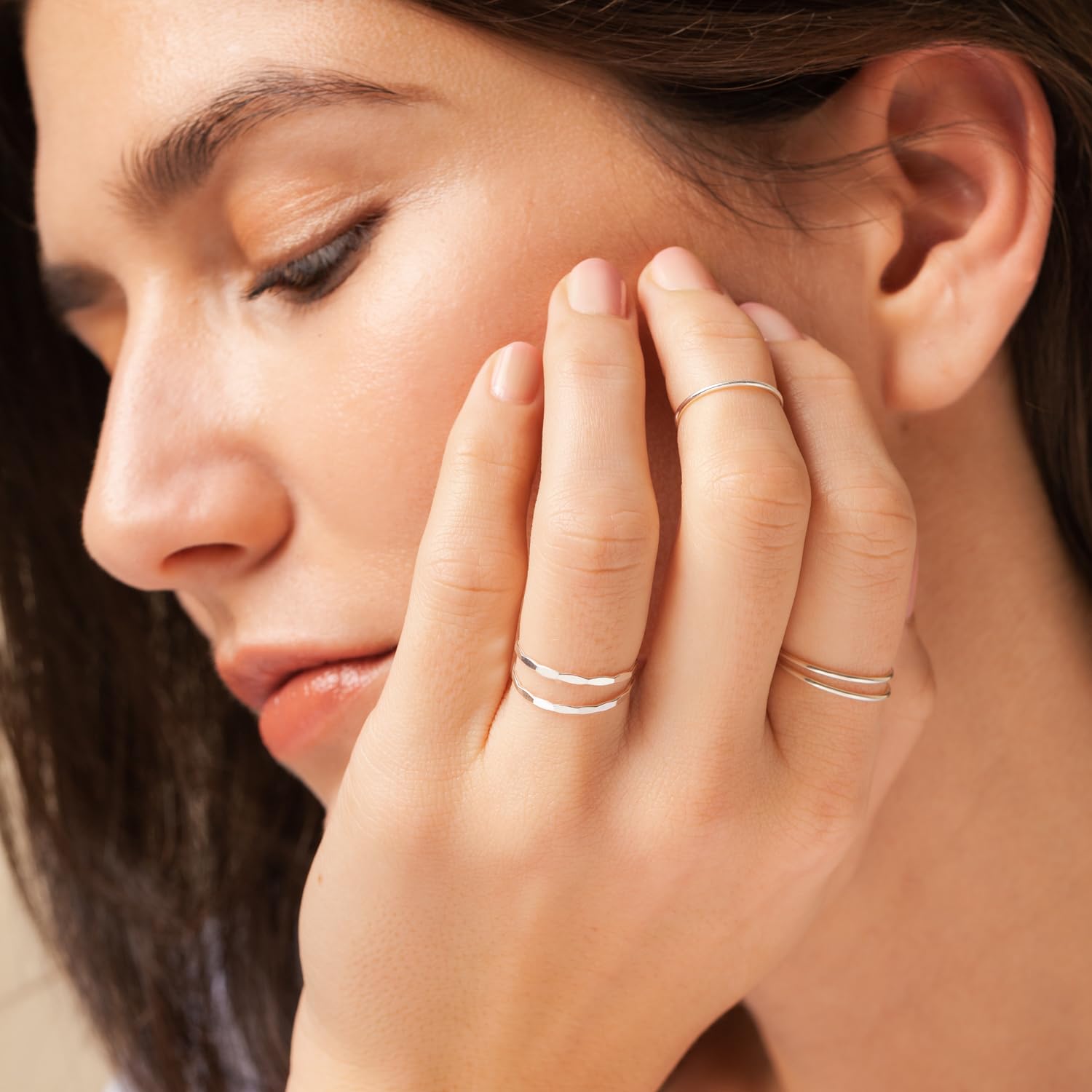BENIQUE Simple Stacking Pinky Ring for Women, Very Thin Dainty, Hammered Textured Band, 14K Gold Filled or Solid 925 Sterling Silver Ring Set Size 4 5 6 7 8 9 (14K Gold Filled, 7)