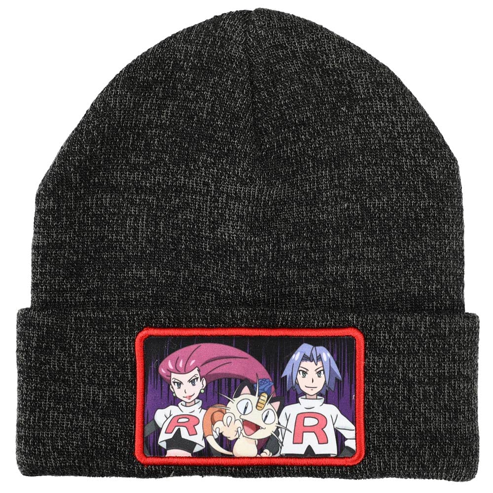 Bioworld Pokemon Anime Cartoon Team Rocket Sublimated Patch Dark Grey Marled Knit Hat