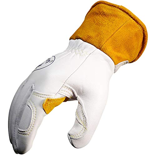 Caiman Premium Goat Grain TIG/MIG Welding Gloves with Wool Insulated Back, Scalloped Cuff, Boarhide Palm, Unlined, Reinforced Thumb, Kevlar, Kontour Design, White/Gold, Medium (1871-4)