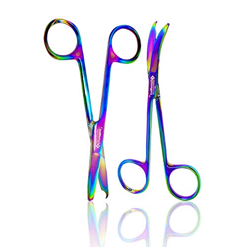 Cynamed Suture Stitch Scissors with Multicolor/Rainbow Titanium Coating - Premium Quality Instrument- Delicate Hook - Perfect for Suture Removal, First Aid, EMS Training and More (4.5 in. - Straight)