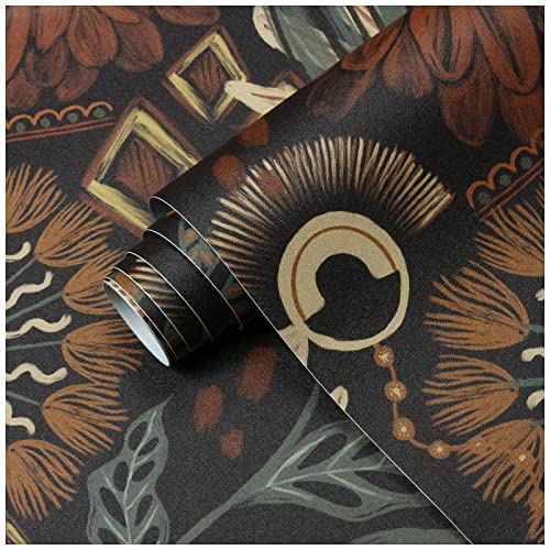 HAOKHOME 93291 Wallpaper Peel and Stick Floral Boho Brown/PeachPuff/Green Retro Wall Decor Bathroom Removable Mural 17.7in x 9.8ft