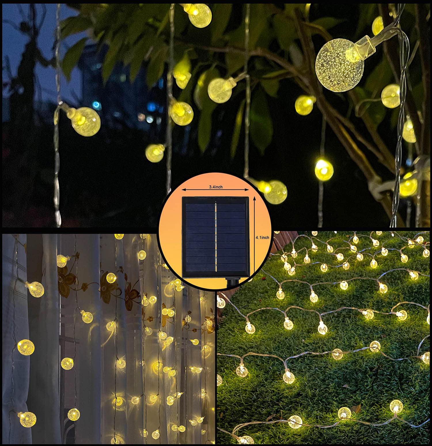 MANBOO LED Curtain Crystal Lights 6.6ft X 5ft 150 Crystal Balls Warm White, Solar Panel with Indicator, Waterproof Outdoor Icicle String Lights for Xmas Patio Garden Party Lawn Balcony Fence Decor