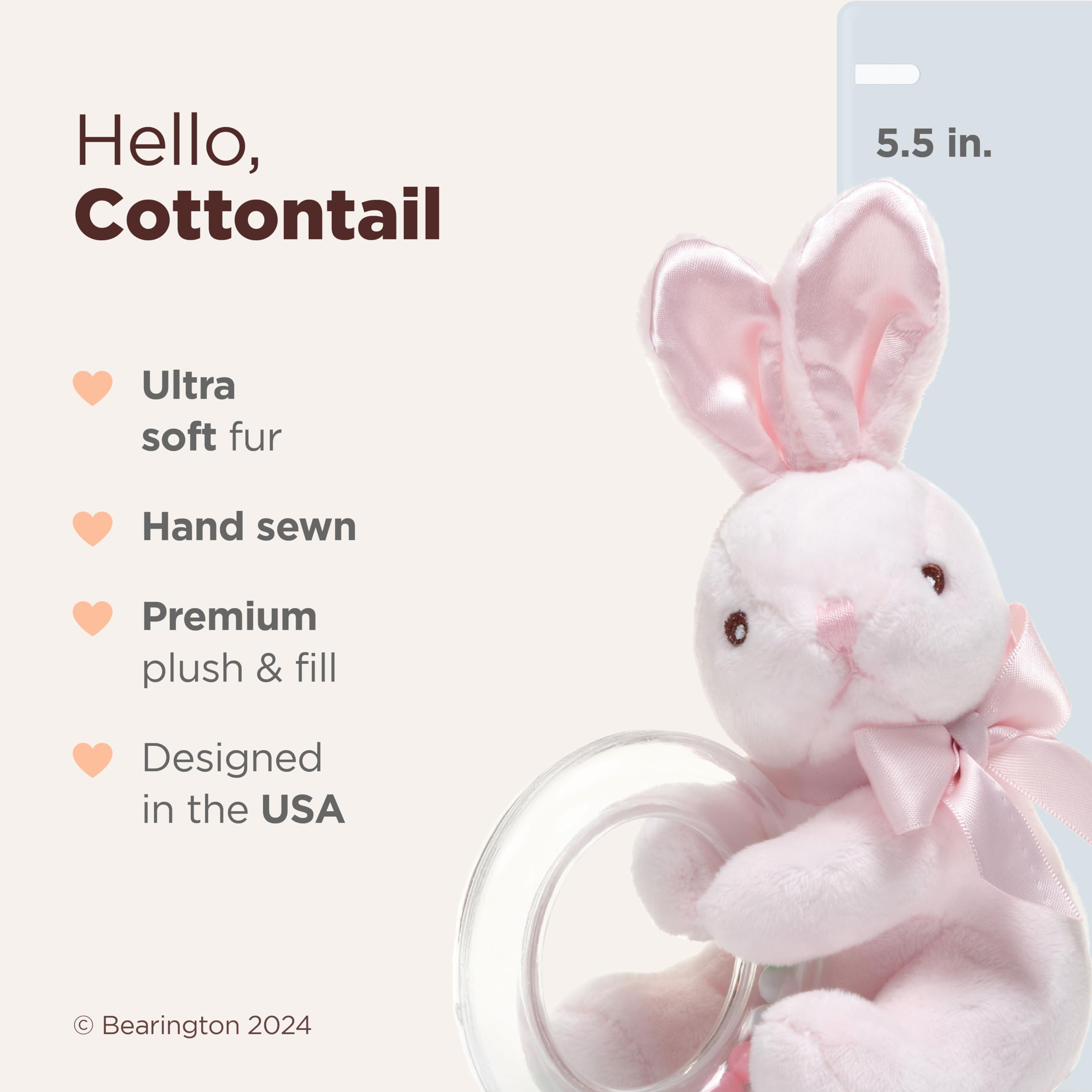 Bearington Baby Cottontail Plush Stuffed Animal Pink Bunny Shaker Toy Ring Rattle, 5.5"