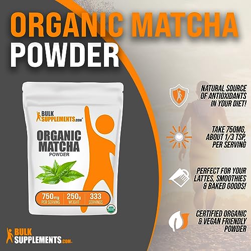 BulkSupplements.com Organic Matcha Powder - Matcha Organic, Matcha Powder for Latte & Baking, Culinary Grade Matcha Powder - Organic & Gluten Free, 750mg per Serving, 250g (8.8 oz)