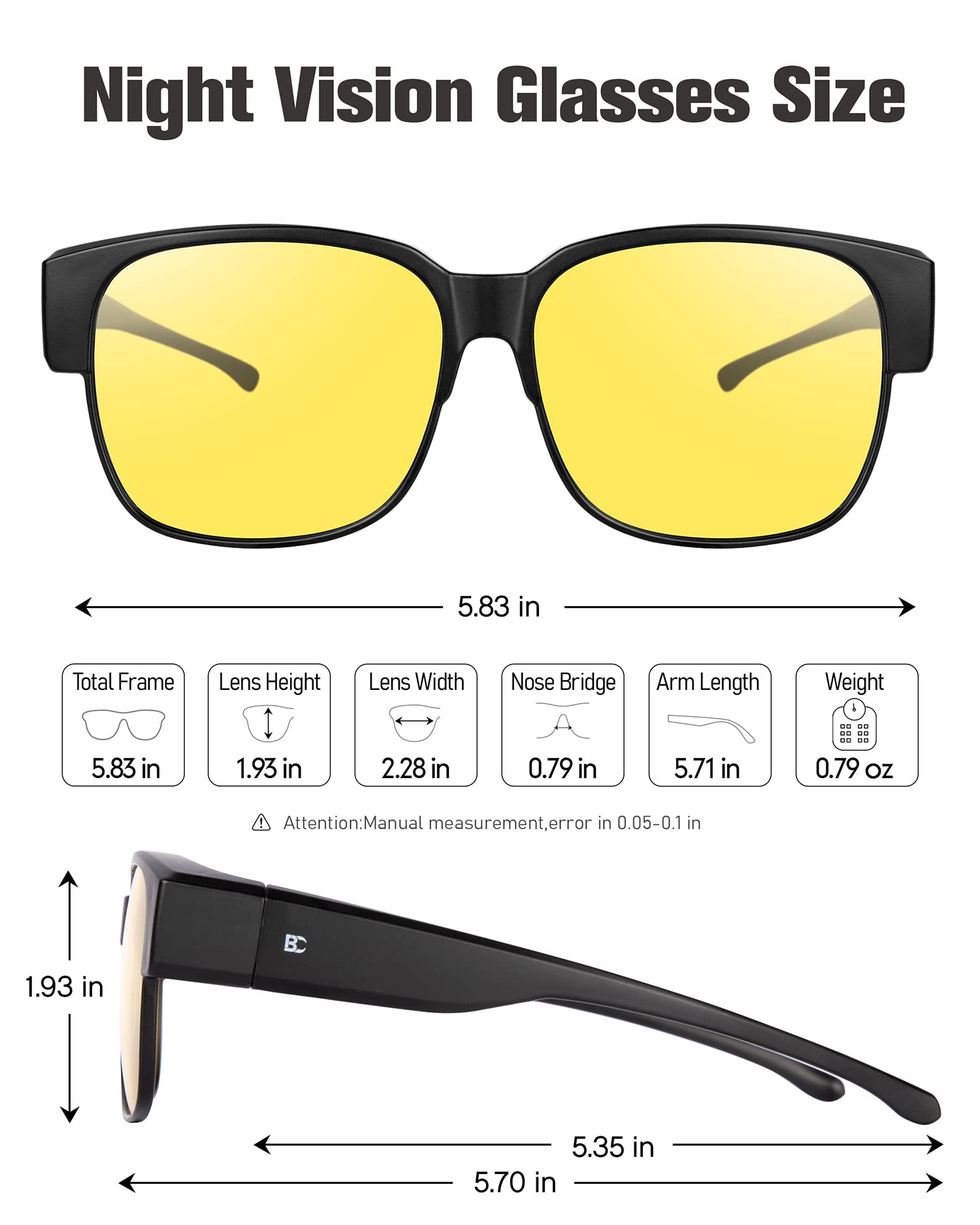 BIRCEN Night Vision Glasses for Driving - Fit Over Glasses Anti Glare Wear Over Glasses for Men Women
