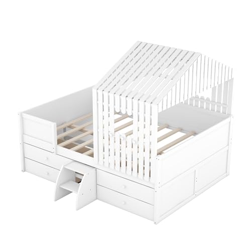 DRELOFT Full Size Low Loft Bed, Wooden House Shaped Loft Bed Frame with 4 Storage Drawers for Kids Teens Boys Girls, Easy Assembly, No Box Spring Needed, White