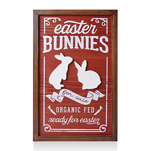 CYPREWOOD Easter Bunny Decor Hanging Sign, 12"x19" Farmhouse Wooden Easter Wall Art, Vintage Easter Decorations for the Home (Easter Bunnies)